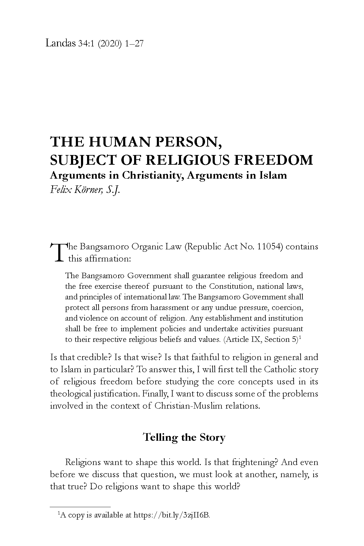 The Human Person, Subject of Religious Freedom: Arguments in ...